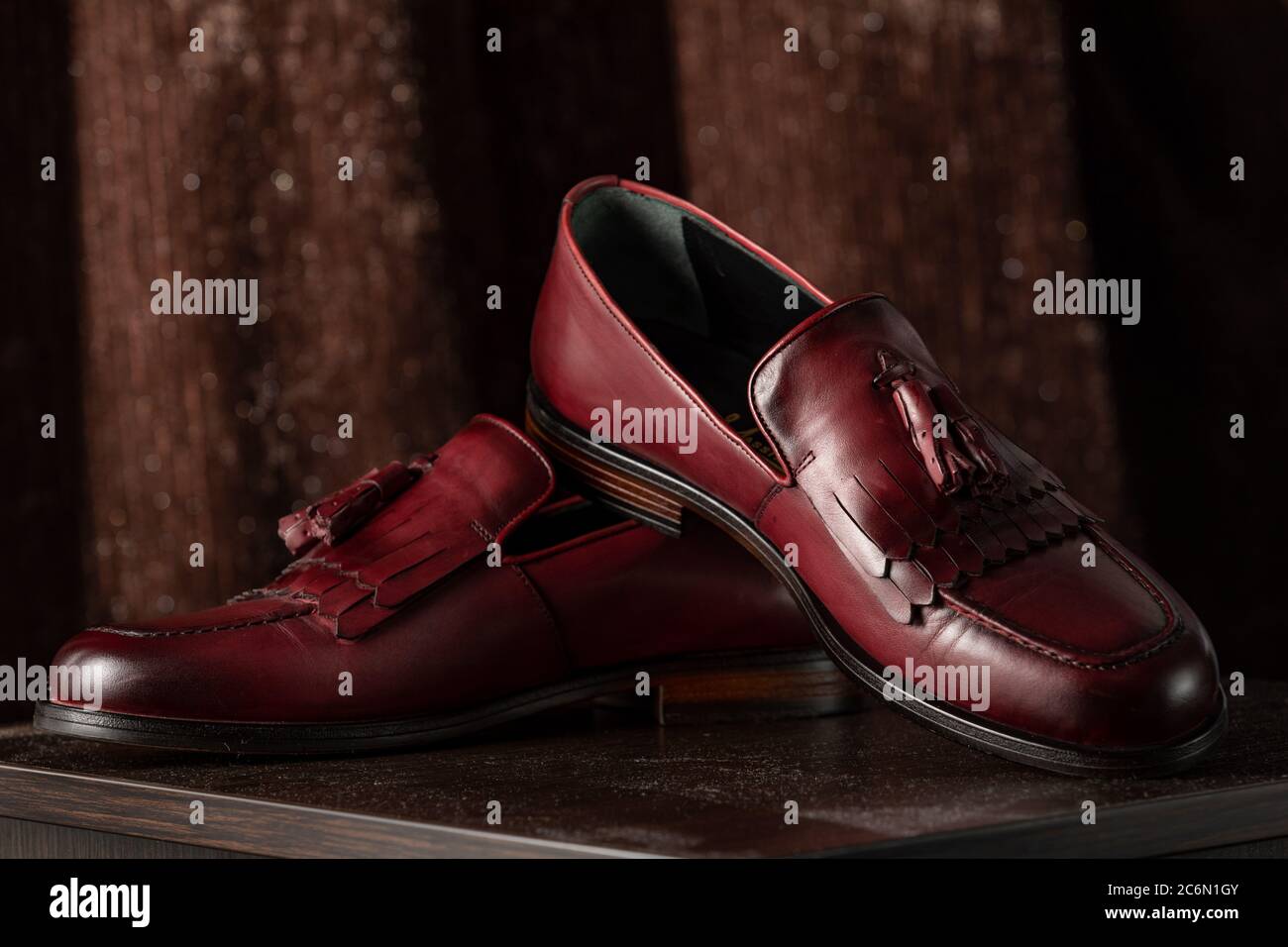 Elegant leather male shoes in the shop. expensive modern shoes for men ...