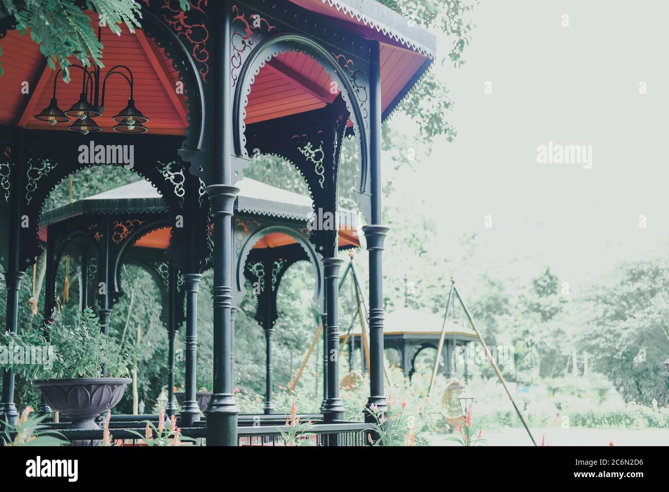 gazebo pavilion for resting in garden park. tranquil nature scene Stock ...