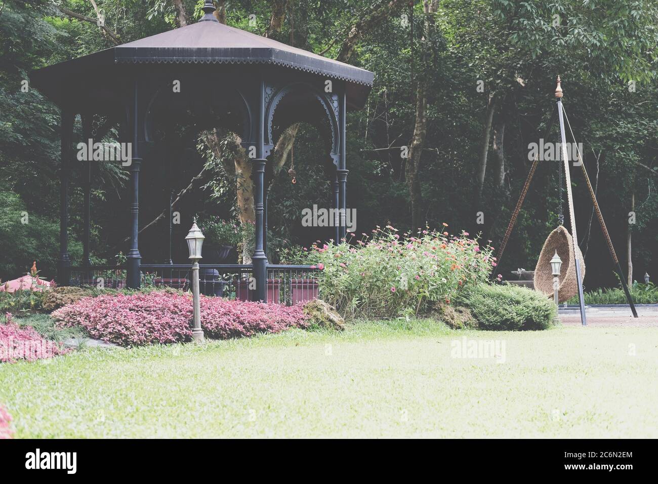 gazebo pavilion for resting in garden park. tranquil nature scene Stock ...