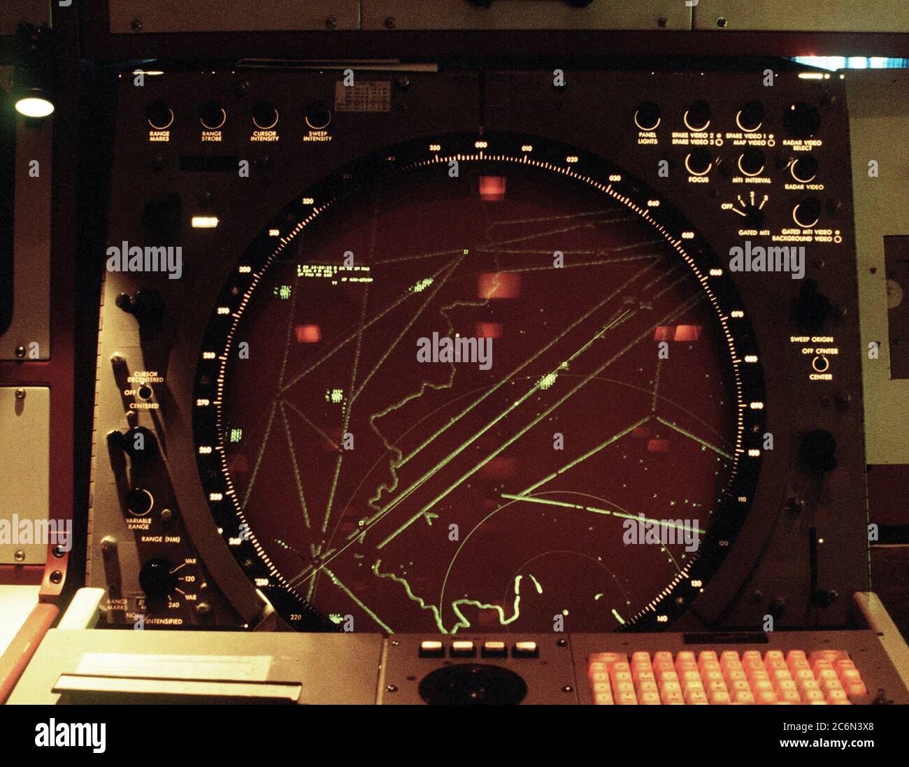 A close-up view of the south corridor en route position radar display ...