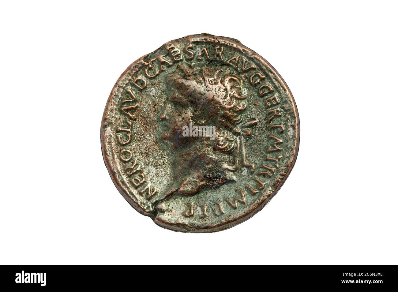 Bronze Roman Sestertius coin of Roman emperor Nero AD 54-68 cut out and ...