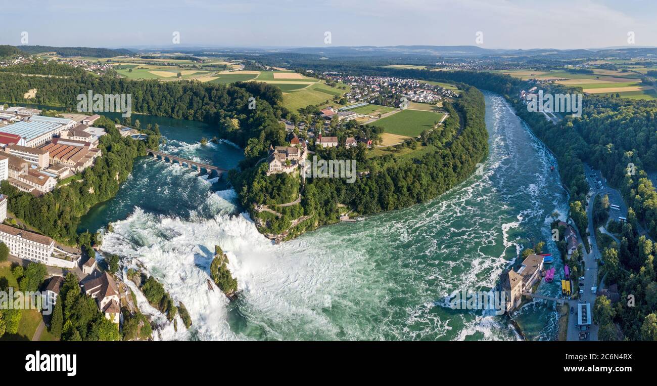 Aerial panorama of Rhine Falls with Schloss Laufen castle, Switzerland ...