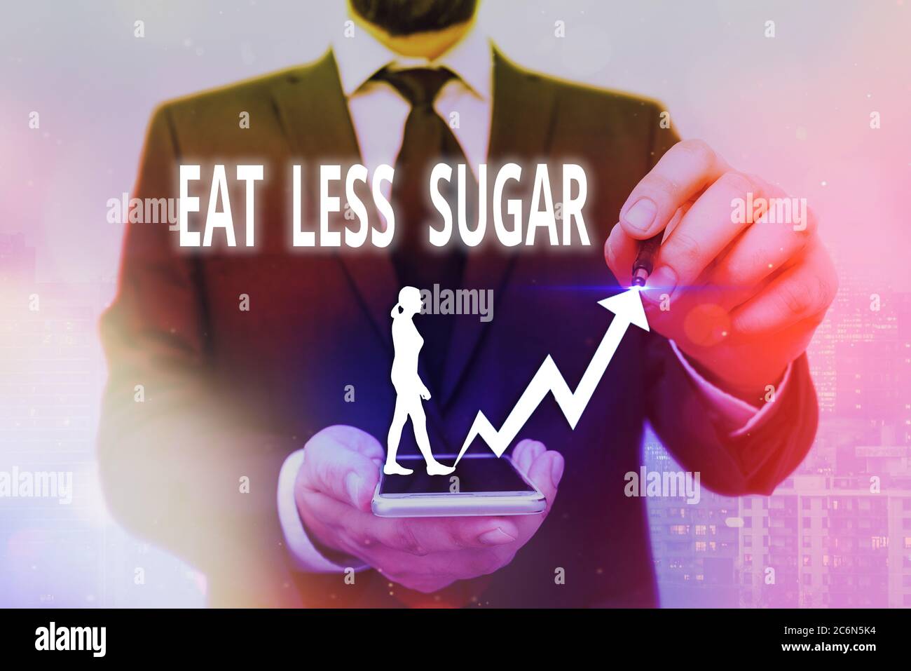 Writing note showing Eat Less Sugar. Business concept for reducing ...