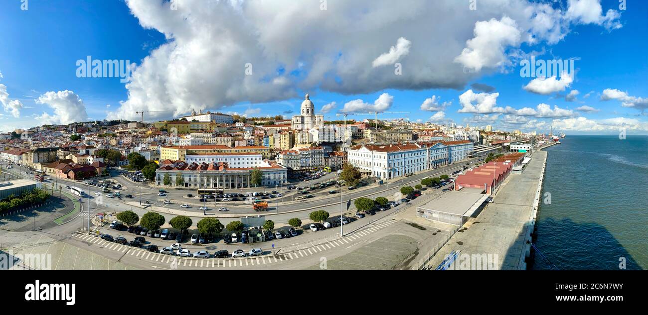 Panorama of the old town, docks and mighty River Tagus, Lisbon Portugal ...