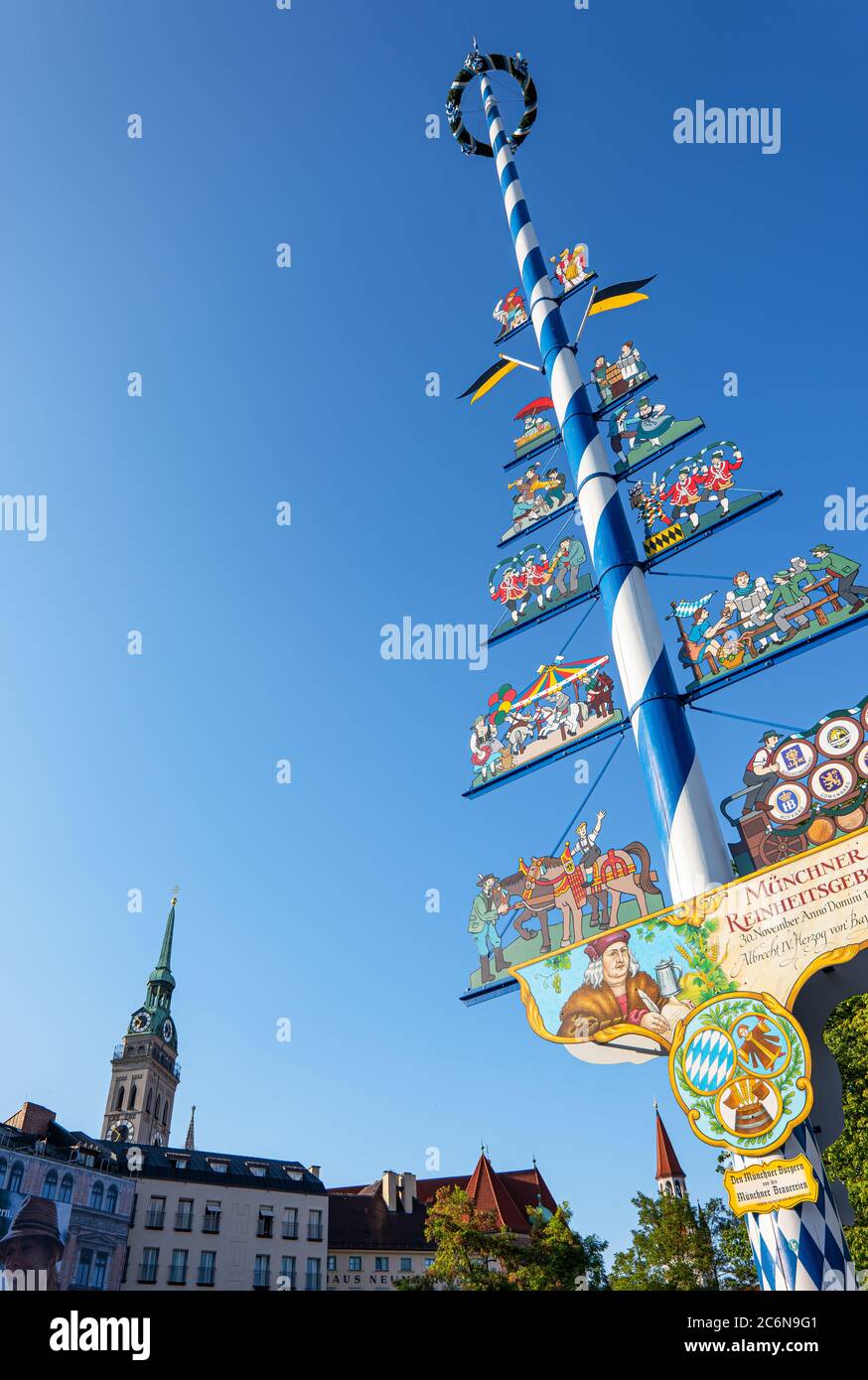 Munich. Germany - July 27, 2018: The Maypole,medieval-style advertising ...