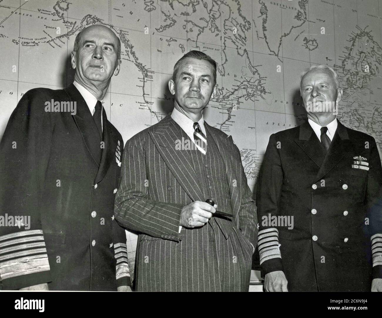 Fleet Admiral Ernest J. King, USN, Secretary of the Navy James Forrestal, and Fleet Admiral ...