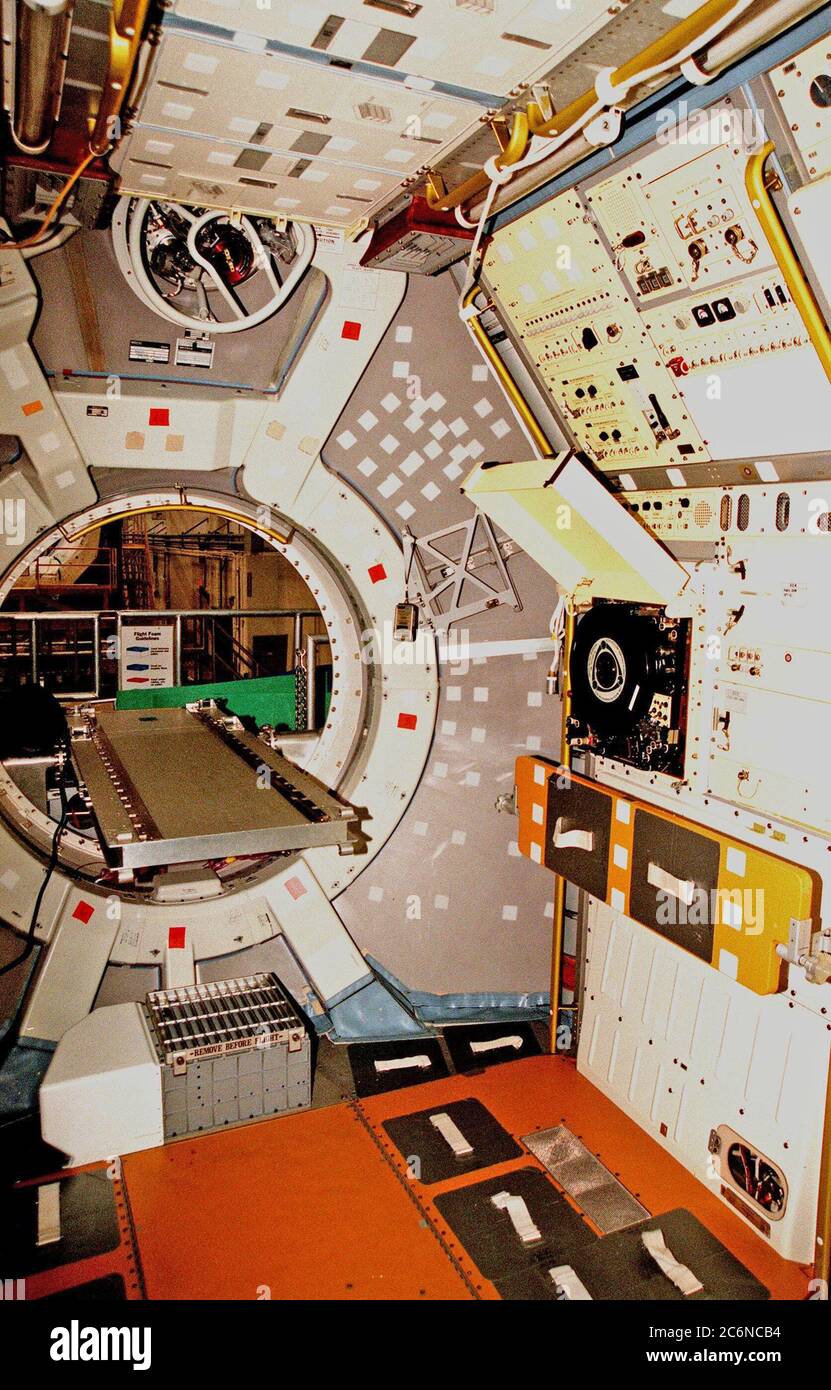 A closeup view of the hatch to this Spacelab module shows an empty ...