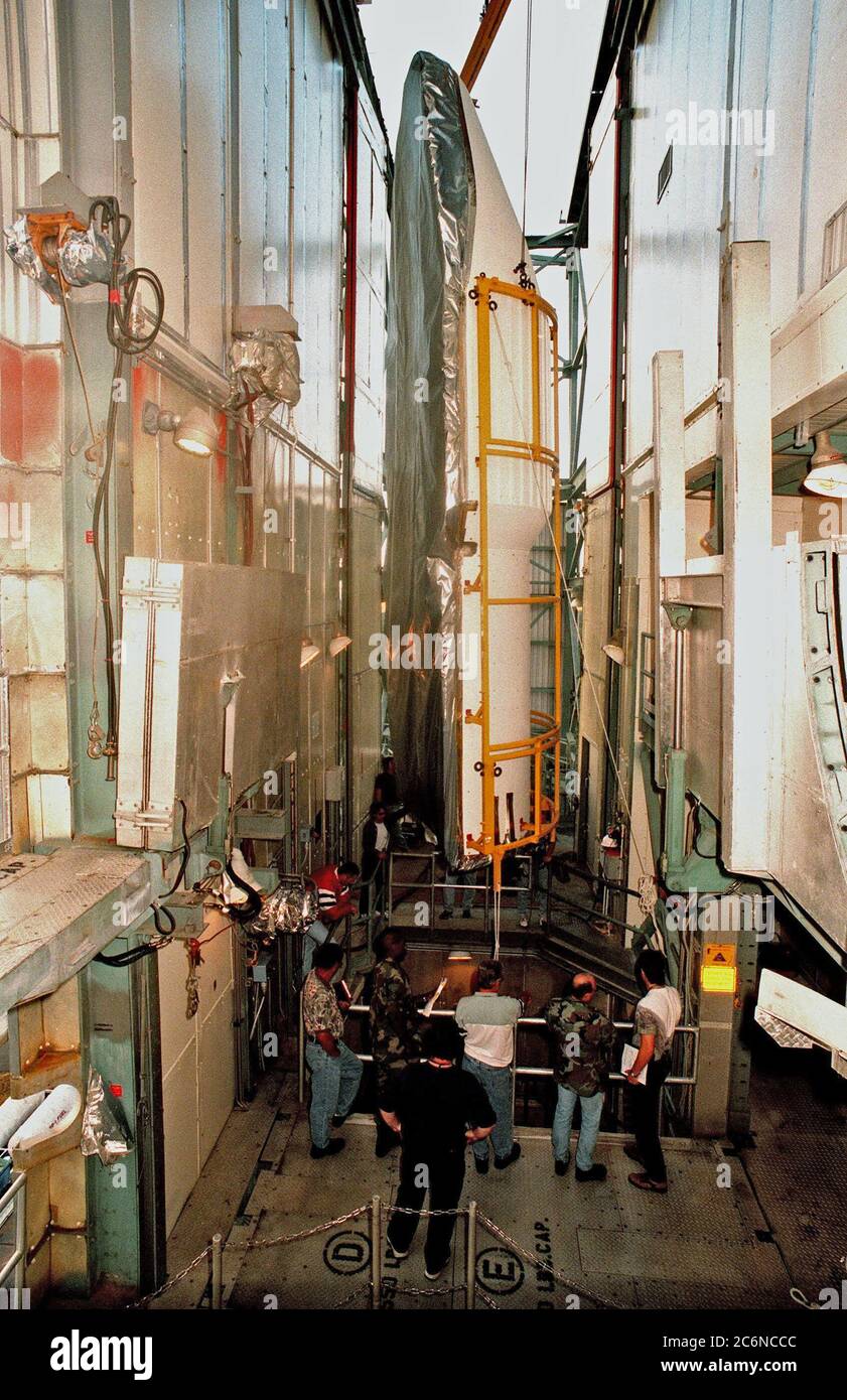 Inside the gantry on Pad 17B, Cape Canaveral Air Station, the fairing ...