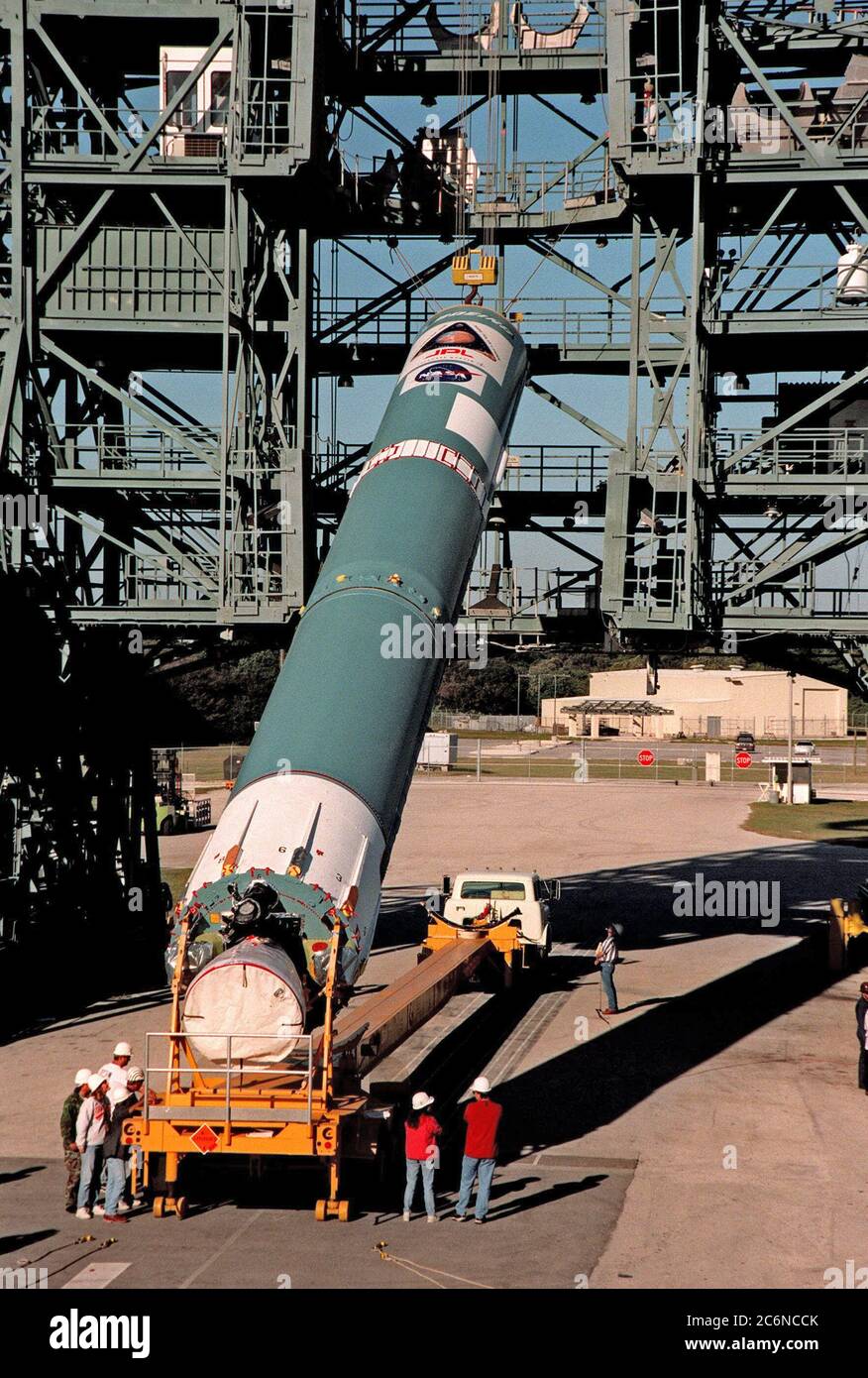 The first stage of a Delta II rocket arrives at Launch Complex 17B ...