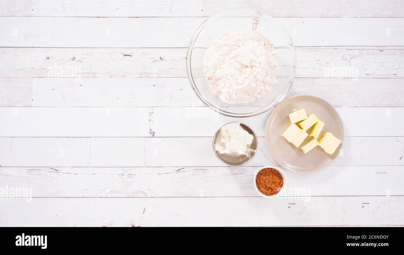 Flat lay. Ingredients to bake chocolate raspberry cupcakes Stock Photo ...