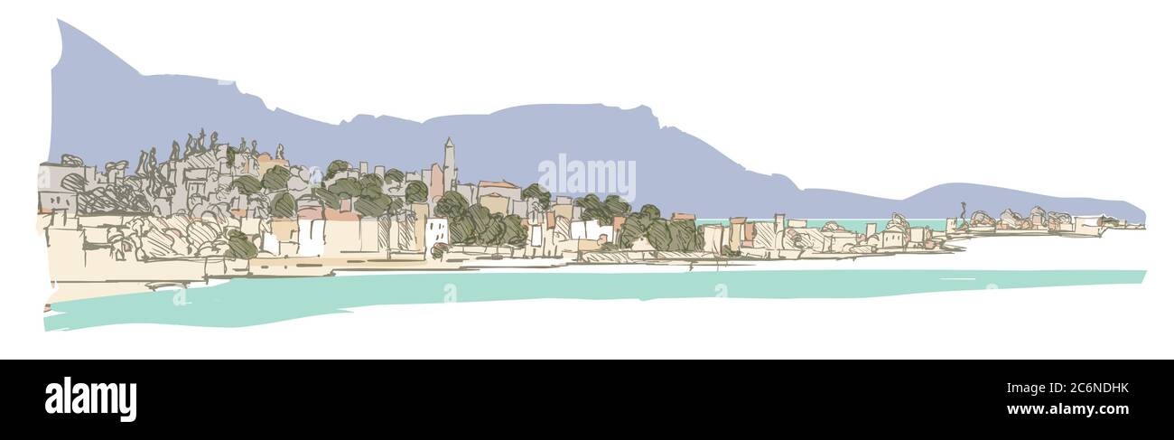 Scenic panoramic view of Mediterranean Coast - vector illustration ...