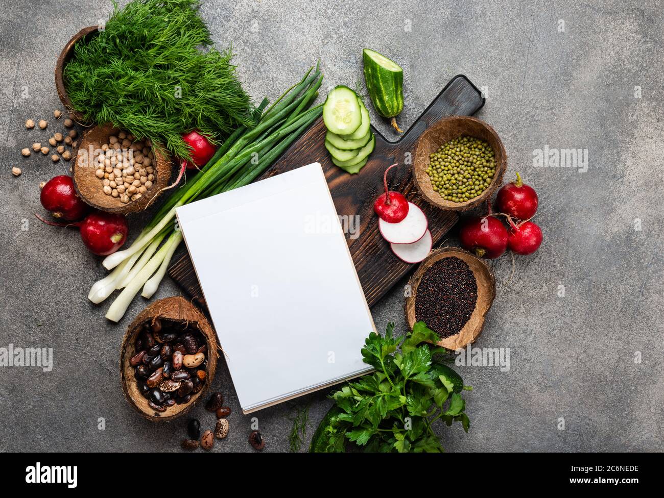 Blank notepad and fresh vegetables ingredients for veggie cooking Stock ...