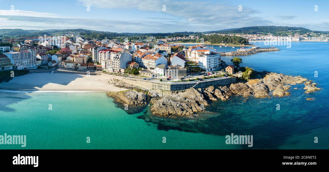 Aerial view of an empty beach in Portonovo in the Ria de Pontevedra ...