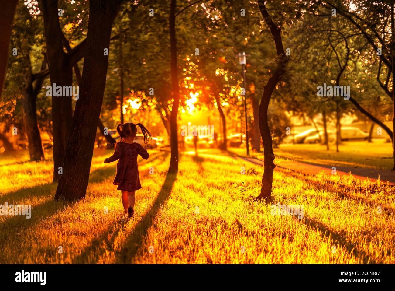 little girl runs n the rays of the setting sun. beautiful silhouette of ...