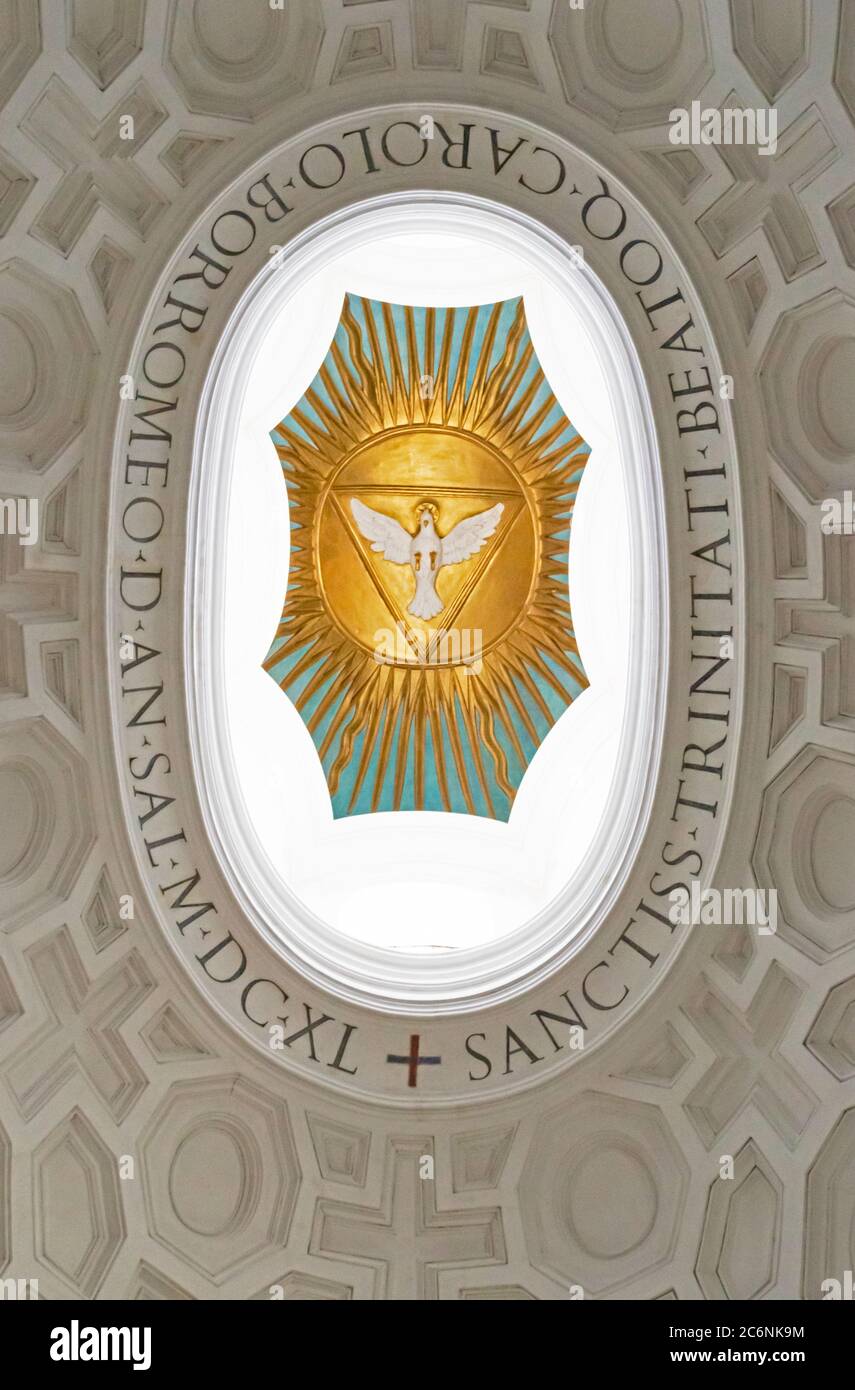 Close-up on Vatican symbol decorating ceiling of cathedral in Rome ...
