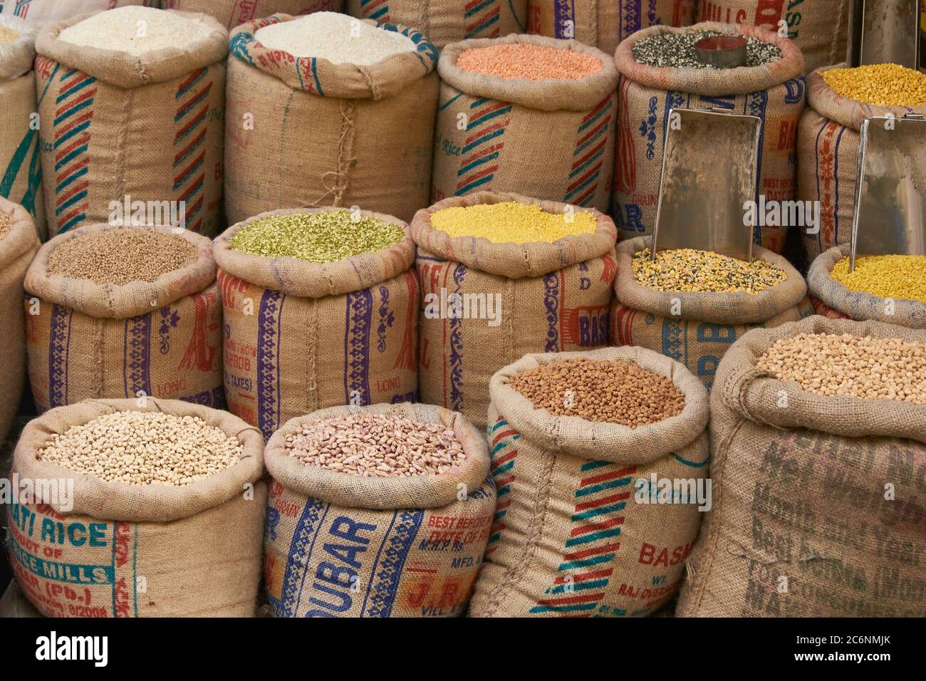 Colourful arrangement of pulses and lentils for sale at a market in Old ...
