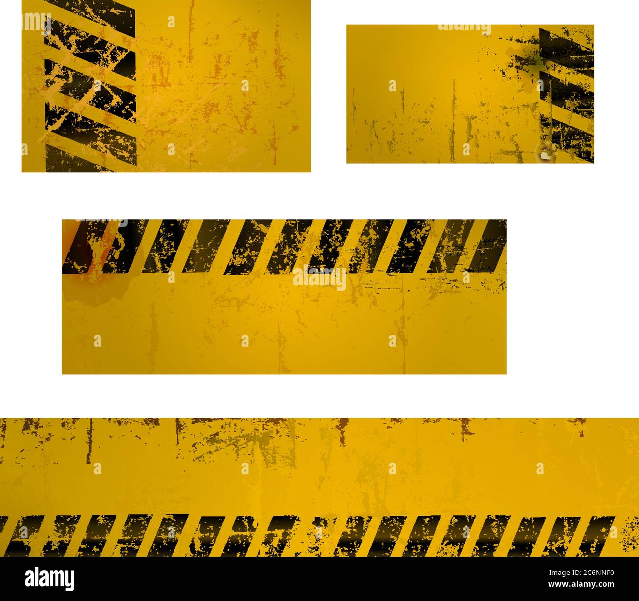 set of empty grungy yellow signs with hazard stripes, scratched and ...