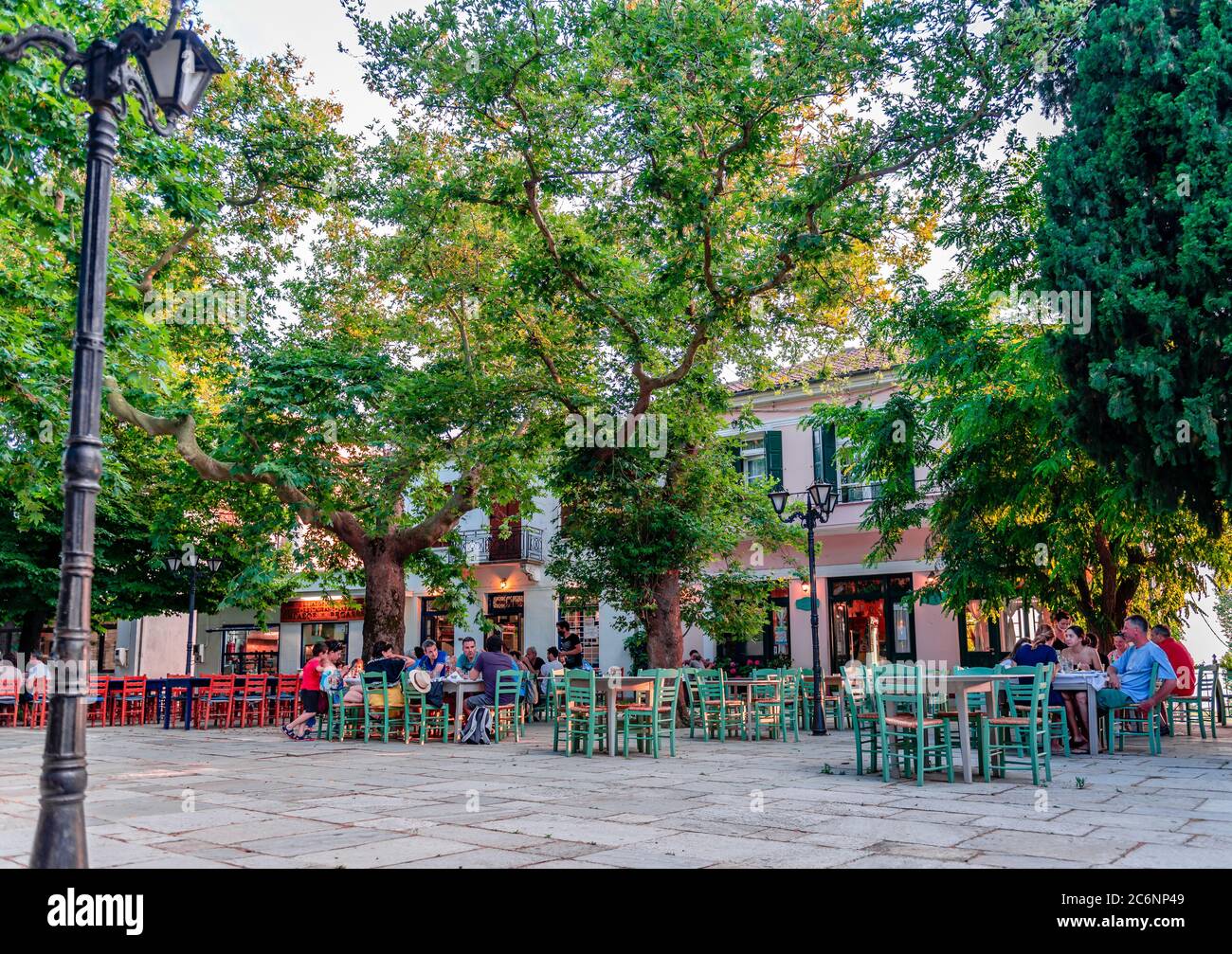 Lafkos / Greece - July 4 2020: View of the historic square of the ...