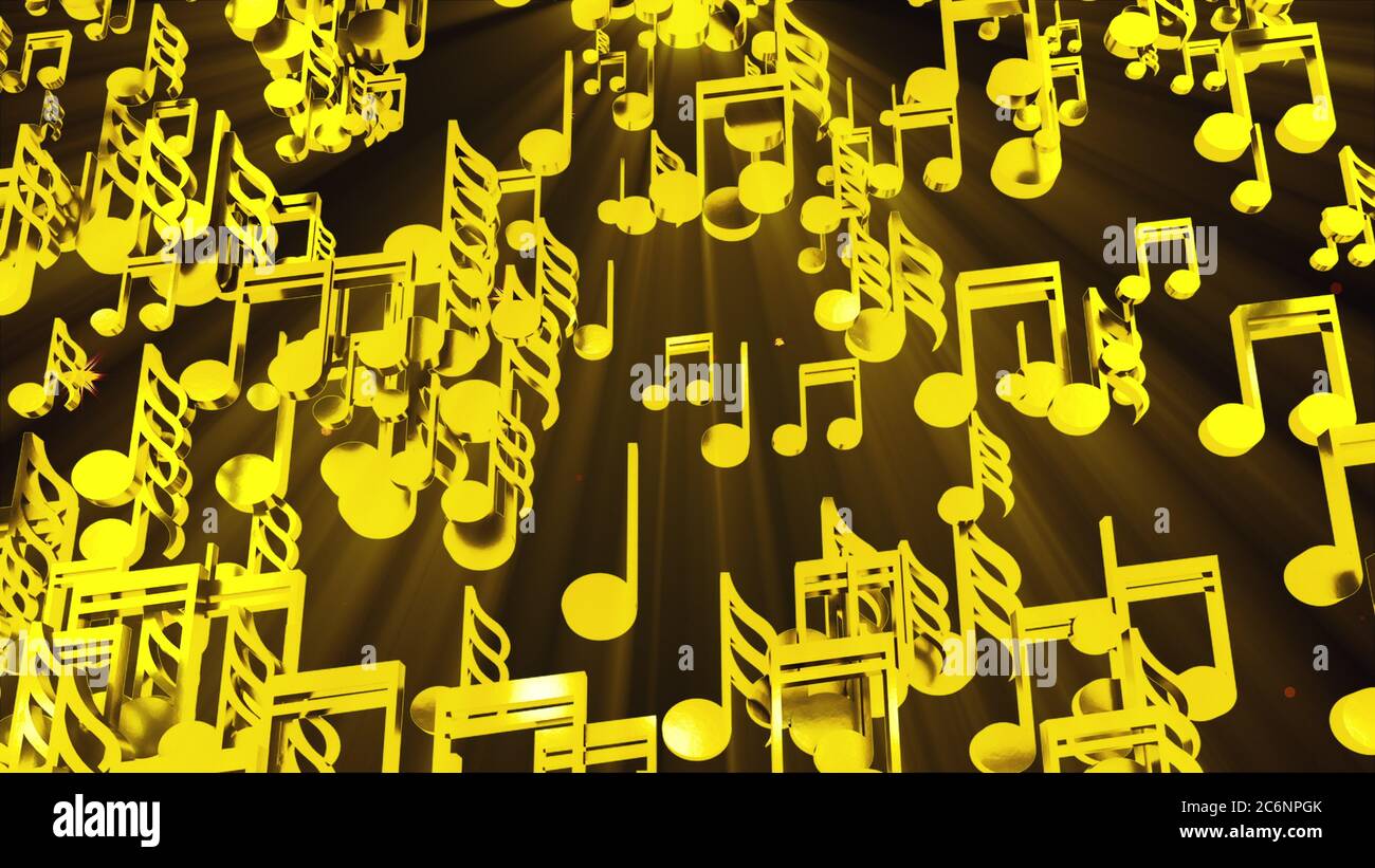 Rain of golden musical notes, computer generated. 3D rendering melodic ...