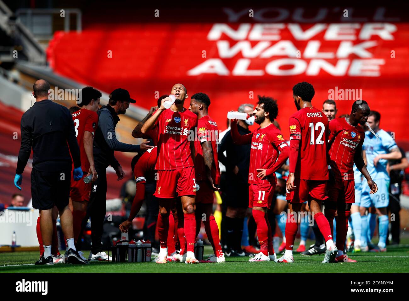 Liverpool players during a drinks break during the Premier League match ...