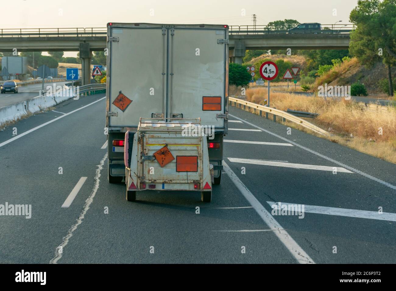 Truck and trailer with panels of dangerous goods for explosive material ...