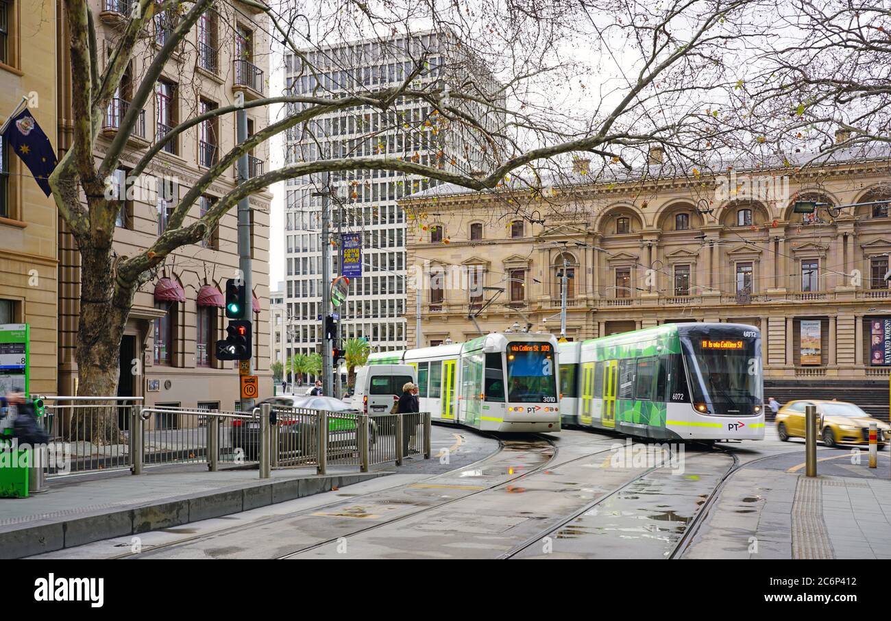 MELBOURNE, AUSTRALIA -15 JUL 2019- View of a tram in Melbourne, the ...