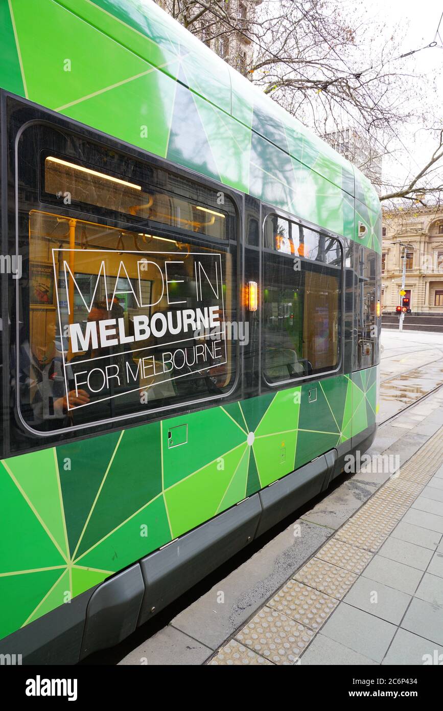 MELBOURNE, AUSTRALIA -15 JUL 2019- View of a tram in Melbourne, the ...