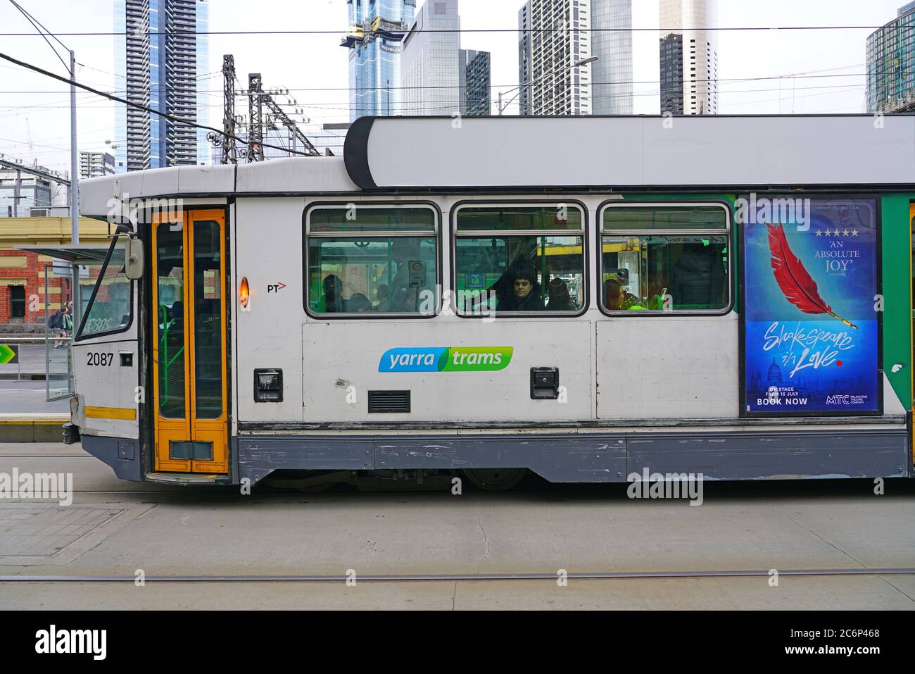 MELBOURNE, AUSTRALIA -15 JUL 2019- View of a tram in Melbourne, the ...
