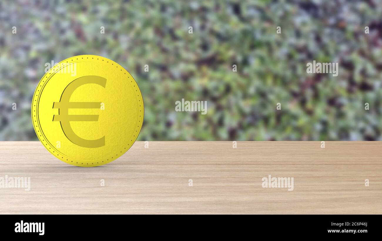 Yellow dollar coin Isolated on table blur leaves background gold. 3d ...