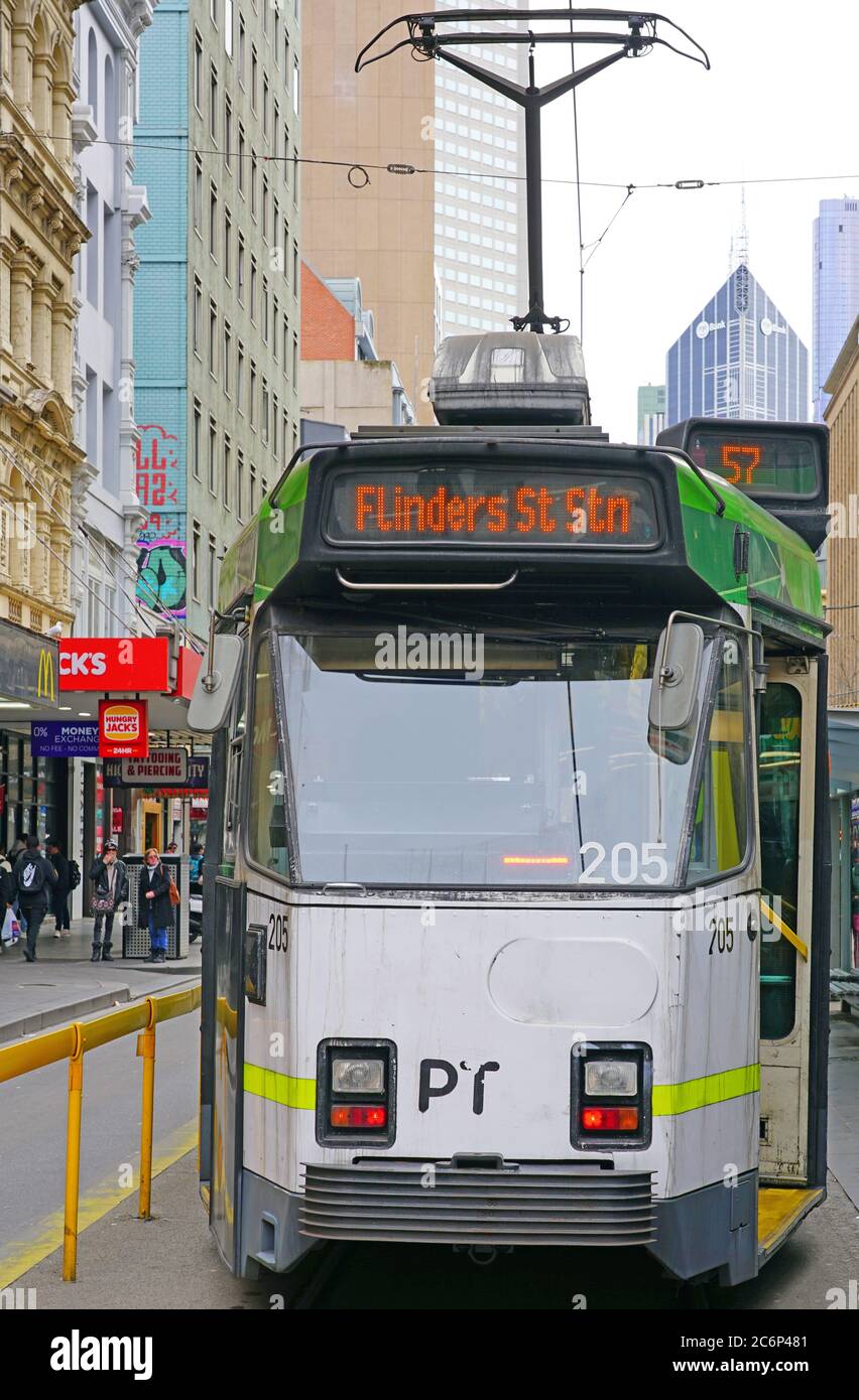 MELBOURNE, AUSTRALIA -15 JUL 2019- View of a tram in Melbourne, the ...