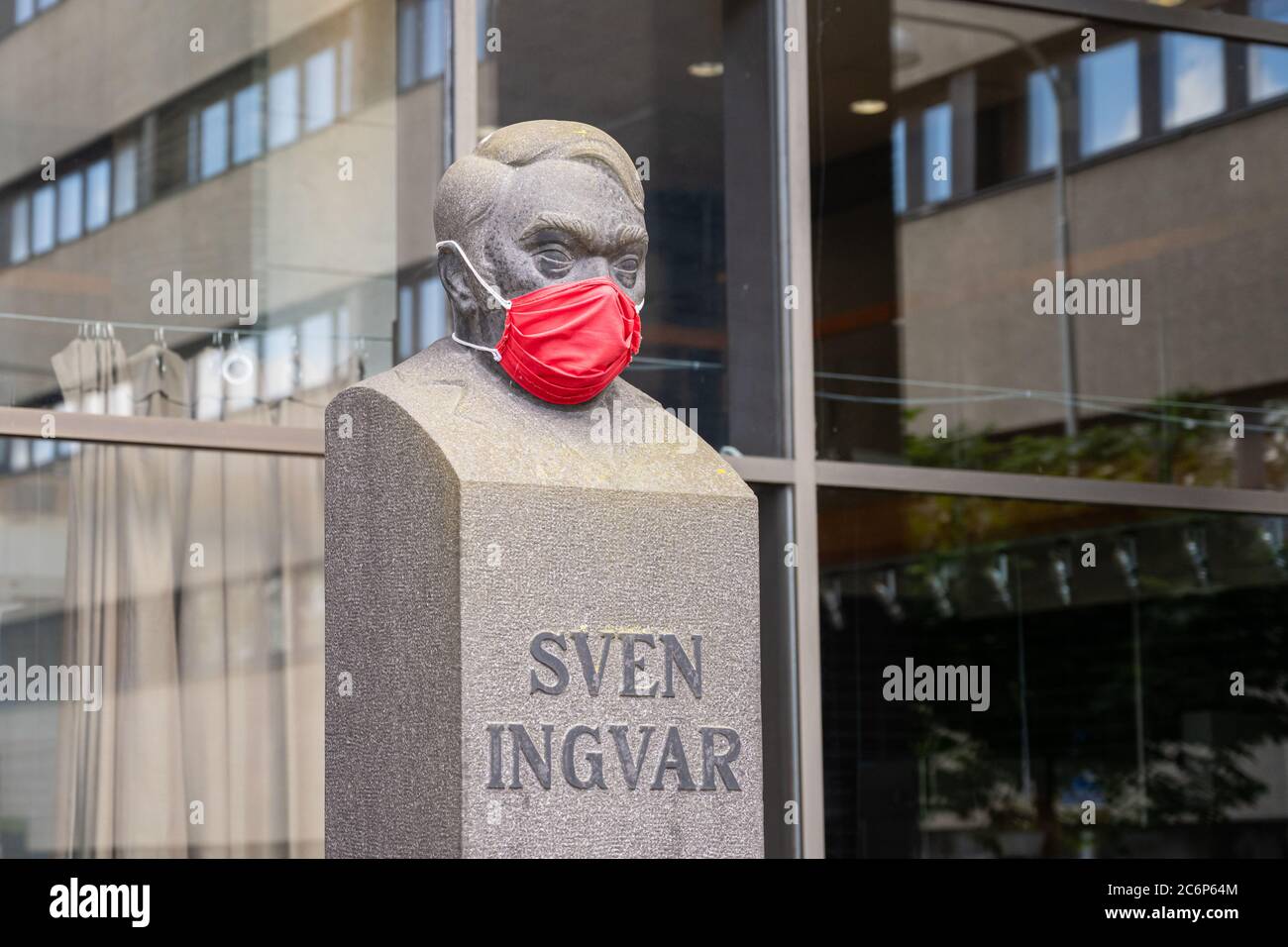 Lund, Sweden - July 9, 2020: Statue of Sven Ingvar wearing a face mask ...