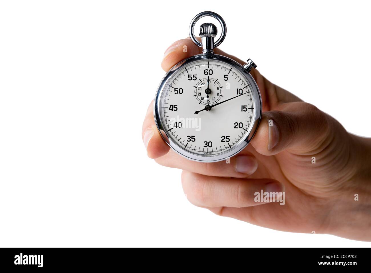 stopwatch hold in hand, button pressed Stock Photo - Alamy