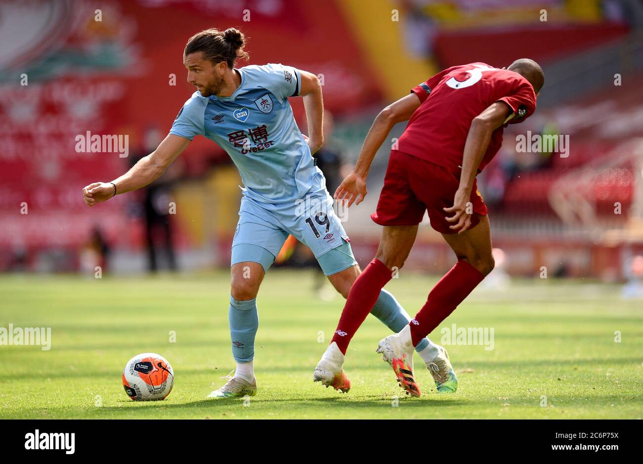 Burnley's Jay Rodriguez (left) and Liverpool's Fabinho (right) battle ...