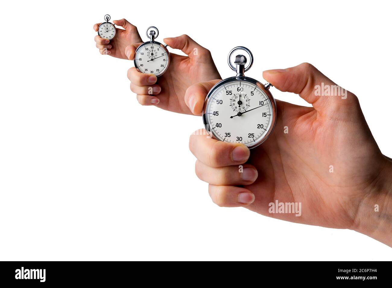 stopwatch hold in hand, button pressed Stock Photo - Alamy