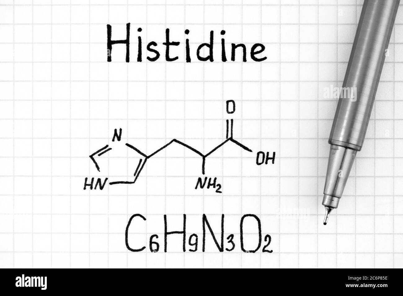 Chemical formula of Histidine with pen. Close-up Stock Photo - Alamy