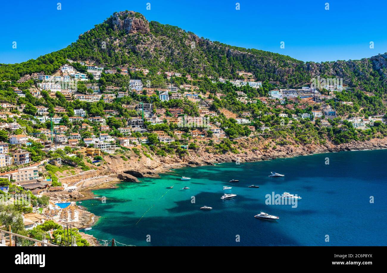 Balearic Islands, Majorca coast view with boats yachts at beautiful sea ...