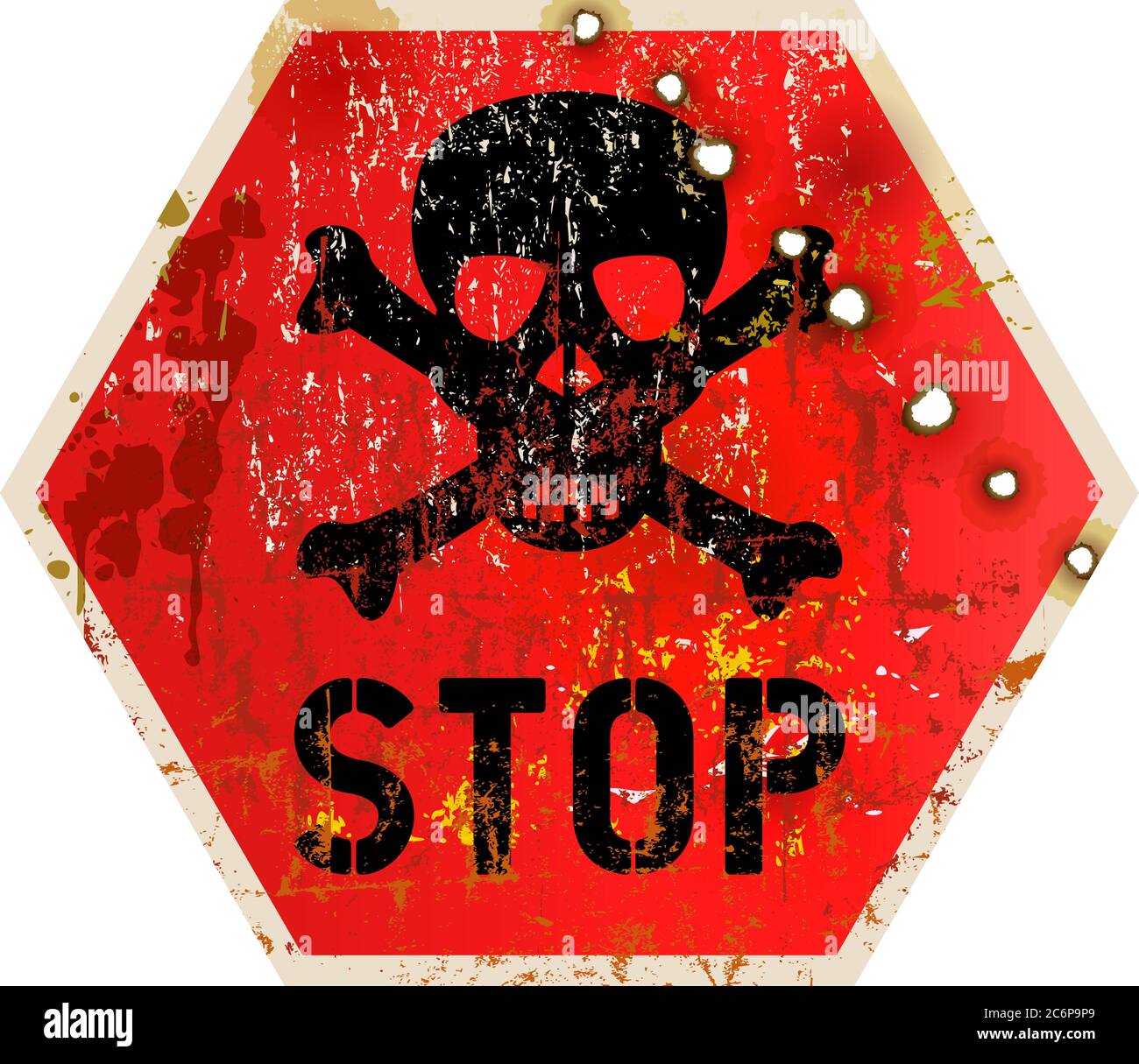 grungy keep stop sign with skull and bullet holes, vector illustration ...