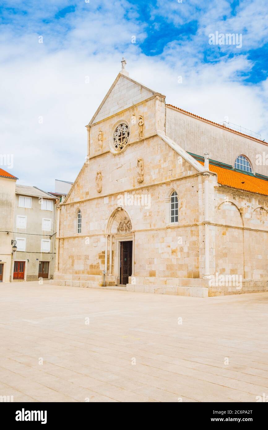 Parish church on main square in the beautiful old town of Pag, Island ...