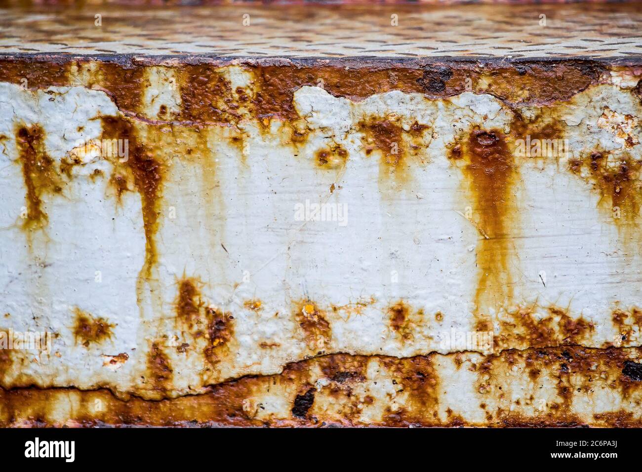 The texture of the old rusty metal. Streaks of rust on a white ...