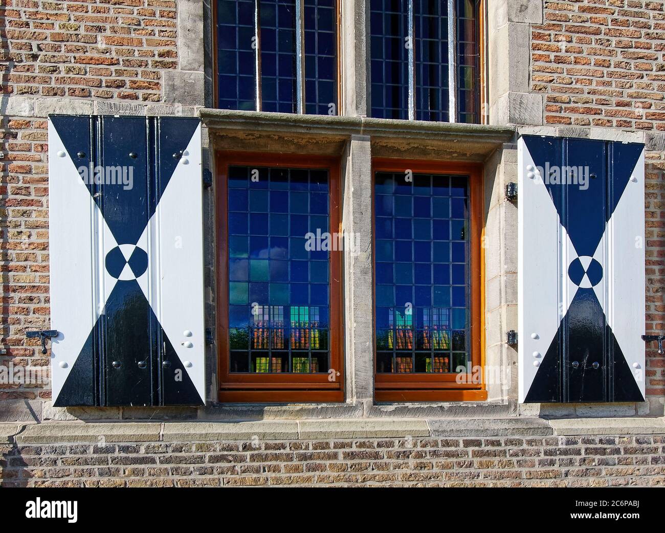 decorative shutters, black and white, stained glass windows, old brick ...