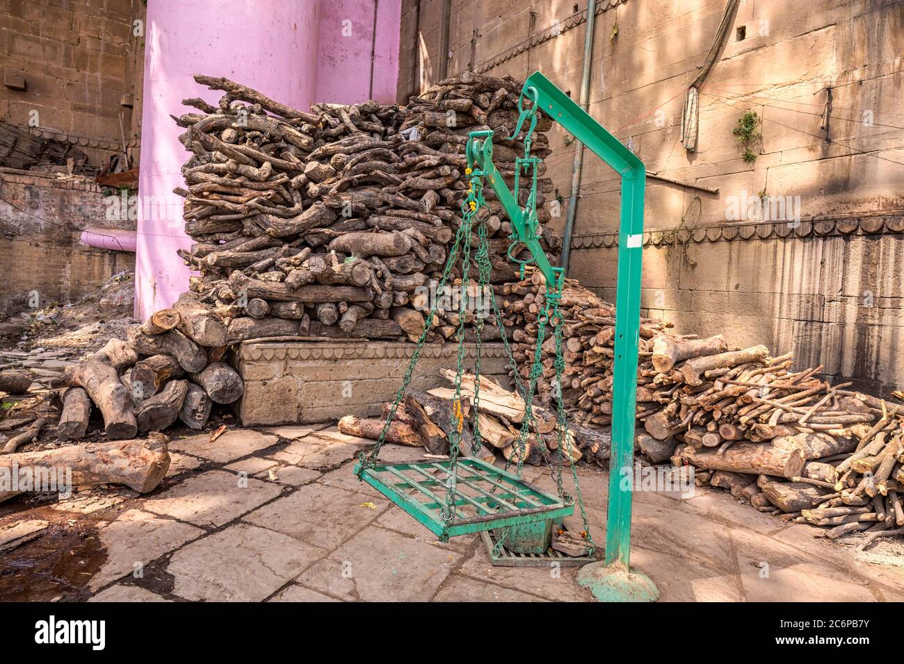 Pile of wood used at ghats crematorium of Varanasi, India Stock Photo ...