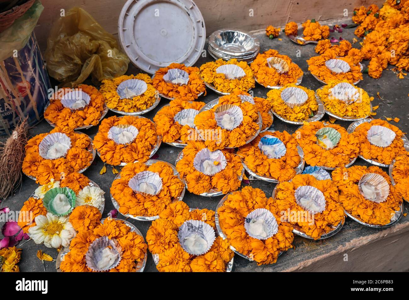 Ganges river candles prepeared for night holy ritual at Varanasi, India ...