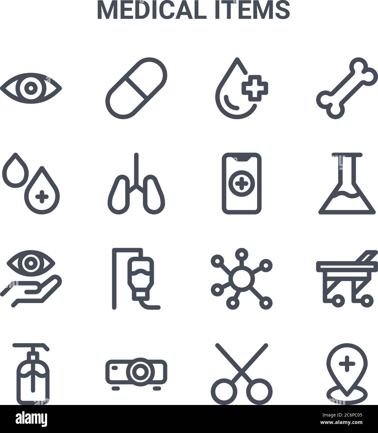 set of 16 medical items concept vector line icons. 64x64 thin stroke ...