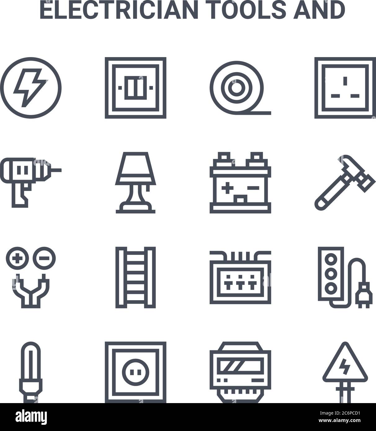 set of 16 electrician tools and concept vector line icons. 64x64 thin ...
