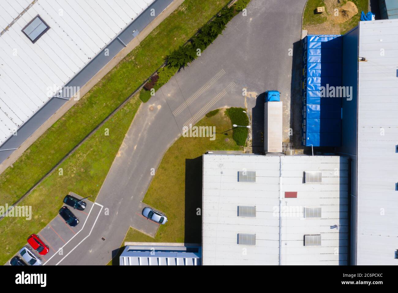 Aerial drone on trucks and logistic center. Warehouse aerial. Modern ...