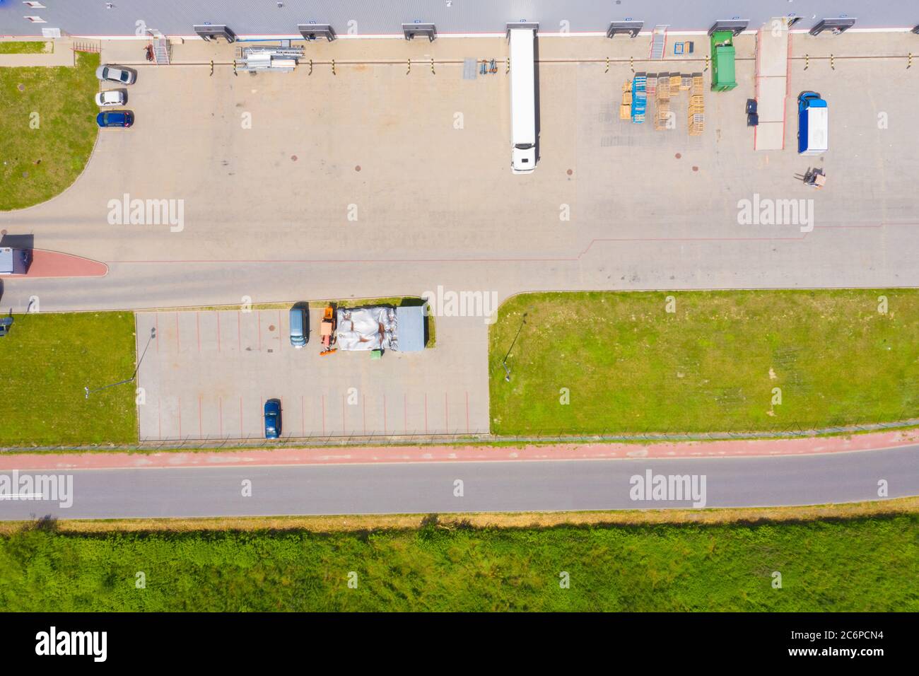 Aerial top view of the large logistics park with warehouse, loading hub ...