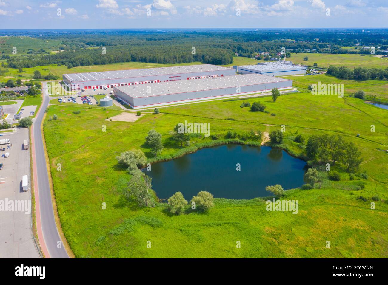 Aerial top view of the large logistics park with warehouse, loading hub ...