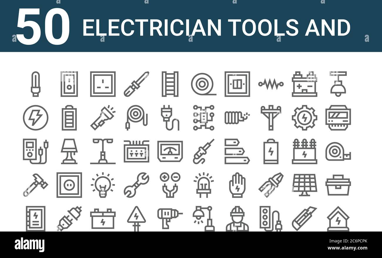 set of 50 electrician tools and icons. outline thin line icons such as ...