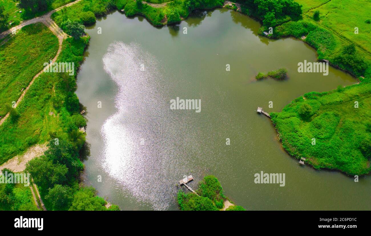 Aerial view of natural pond surrounded by pine trees Stock Photo - Alamy