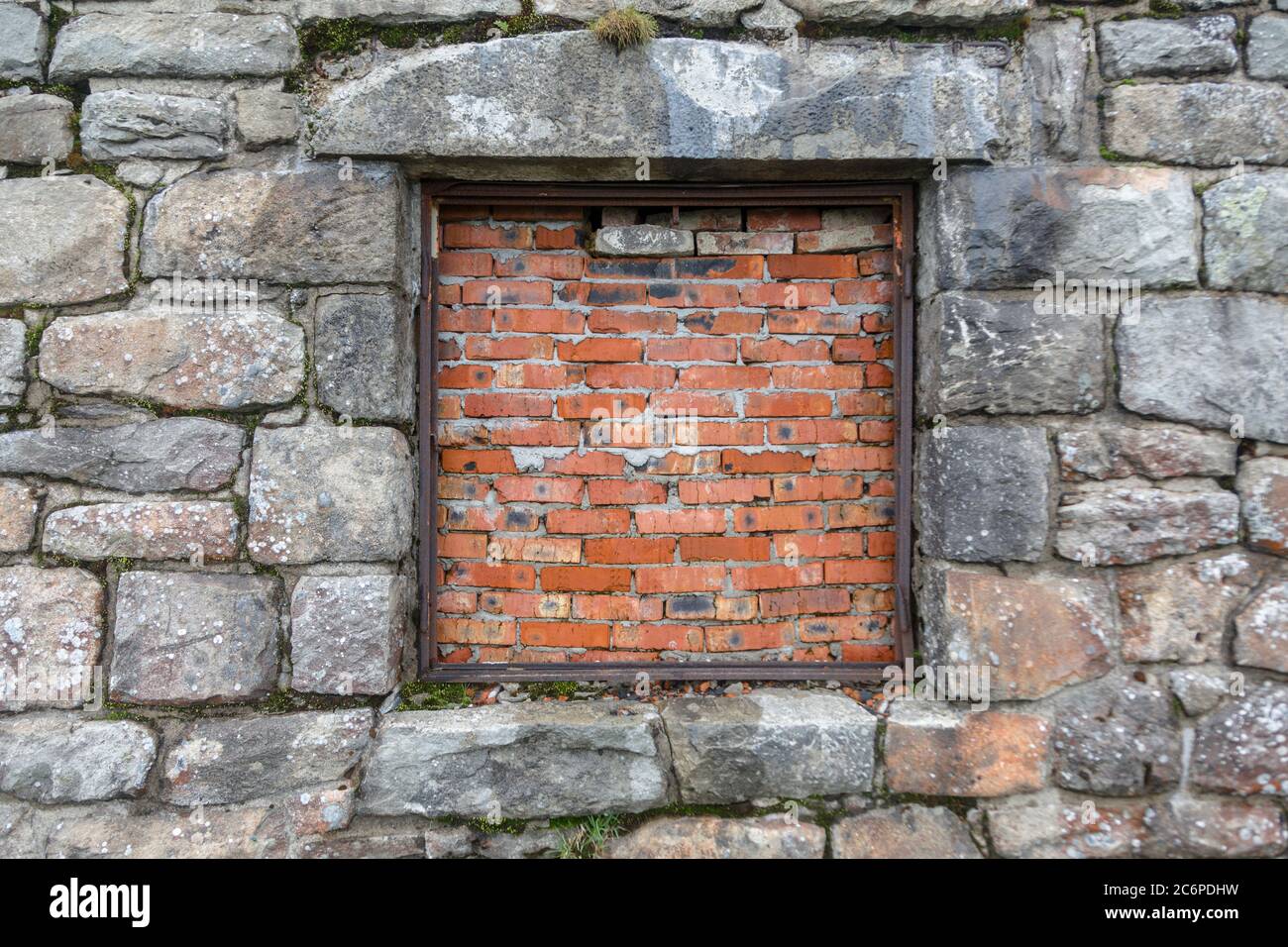 Stone castle wall and bricked old brick window vintage background Stock ...